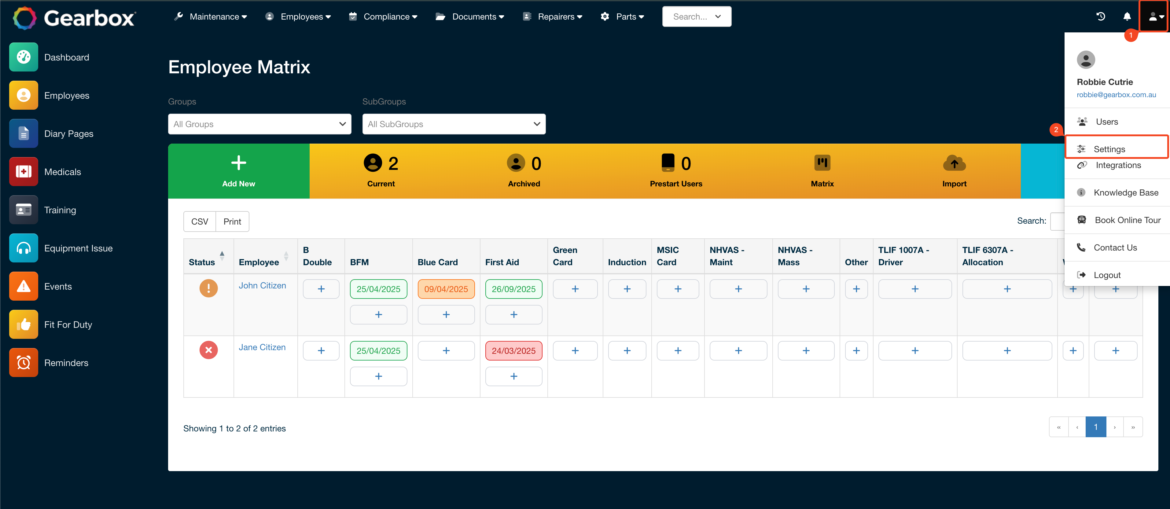 Employee Matrix – Support Central