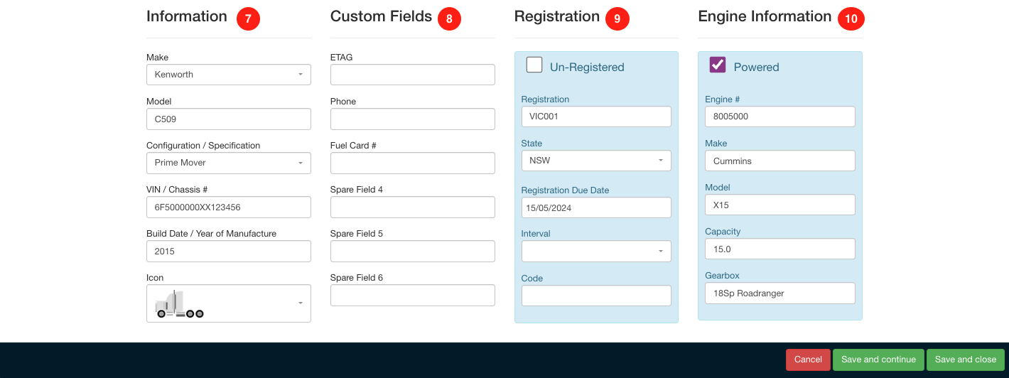 Asset/Vehicle Record Overview – Support Central