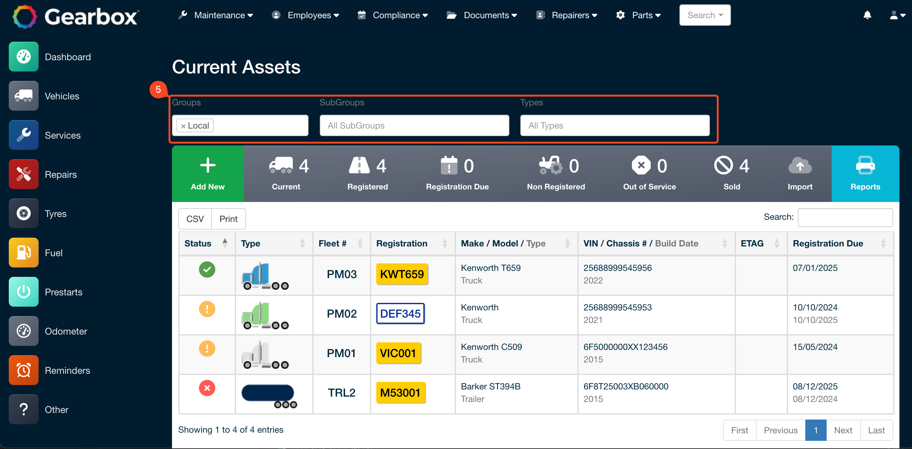 Prestart Group, Subgroup and Vehicle Type Filters – Support Central